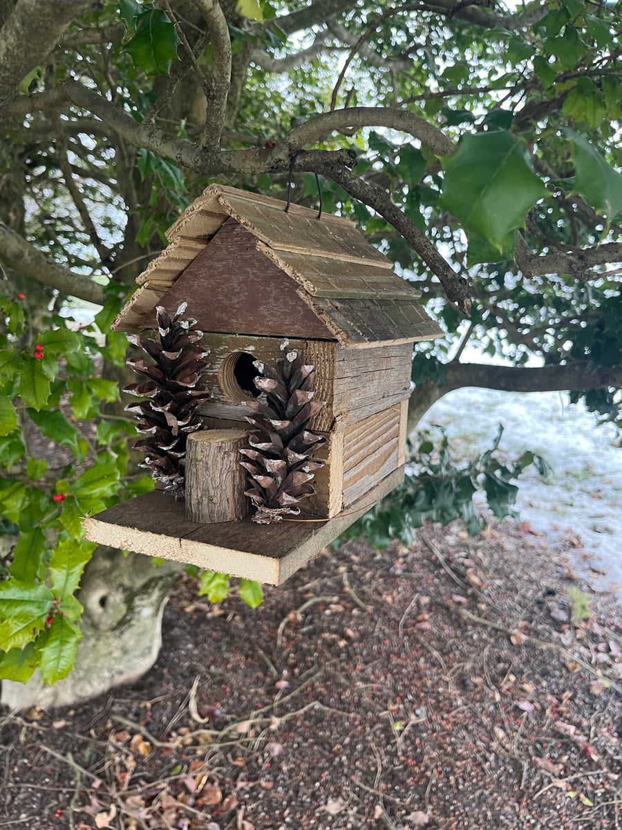 Rustic Wooden Cabin Birdhouse with Pinecones | Handmade – Stone Bridge ...