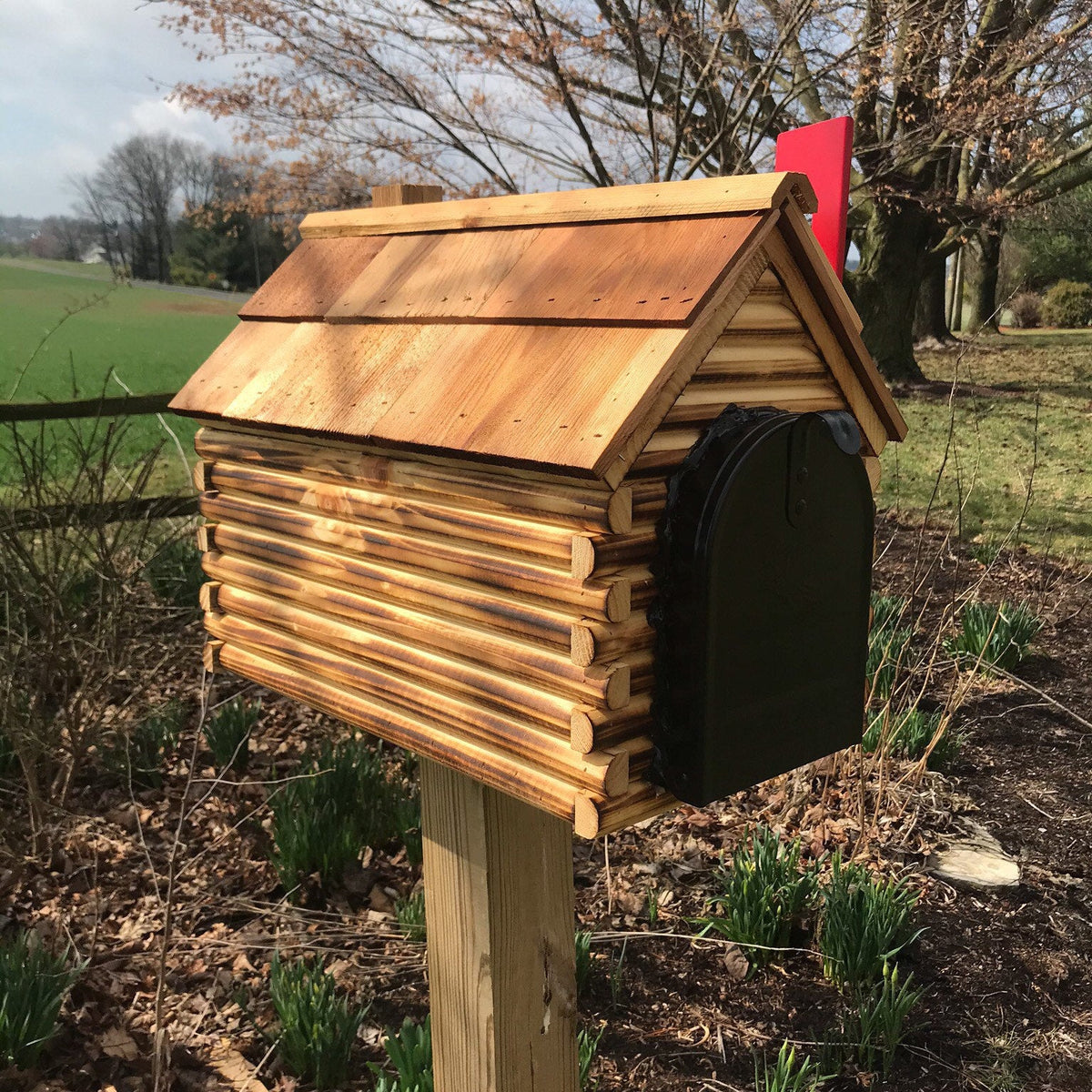 Log Cabin Mailbox with Cedar Shake Roof and Stone Chimney | Metal Mail ...
